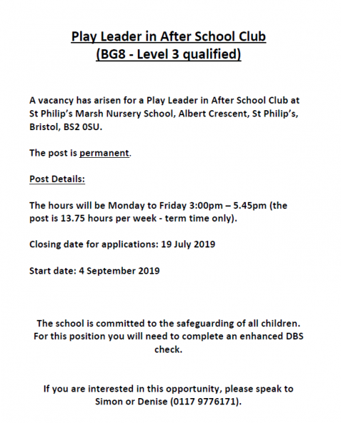 Job advert - Cashmore Early Years Bristol